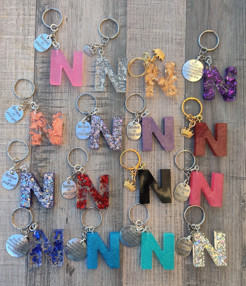 Resin Initial Key Chains With Inspirational Quotes or Crown - Etsy