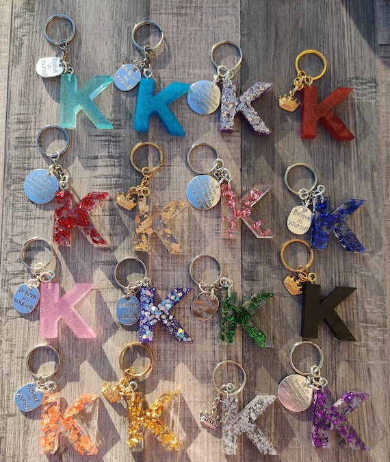 Resin Initial Key Chains With Inspirational Quotes or Crown - Etsy