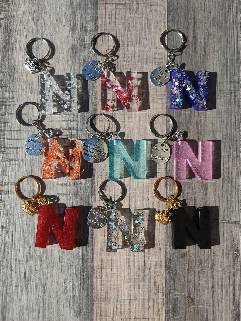 Resin Initial Key Chains with Inspirational Quotes or Crown | Etsy