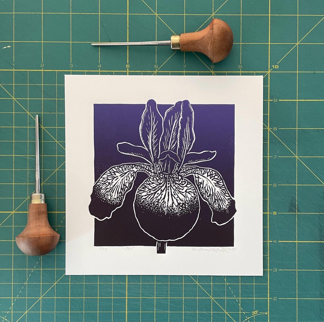Iris Original Linocut Print Purple Iris Flower Print Limited Edition ...