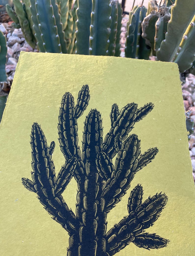 Cactus Linocut Print on Handmade Paper - Desert Landscape Print ...
