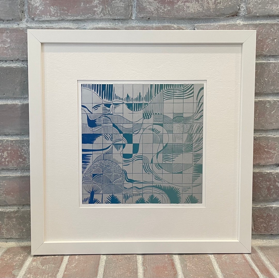 Original Linocut Print - Abstract Linocut Print - Silver Landscape 1 ...