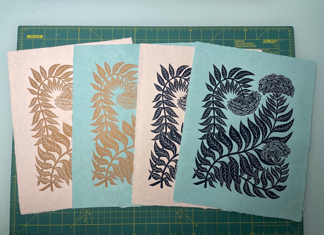 Floral Linocut Print: Handmade Botanical Art on Blush Paper - Etsy