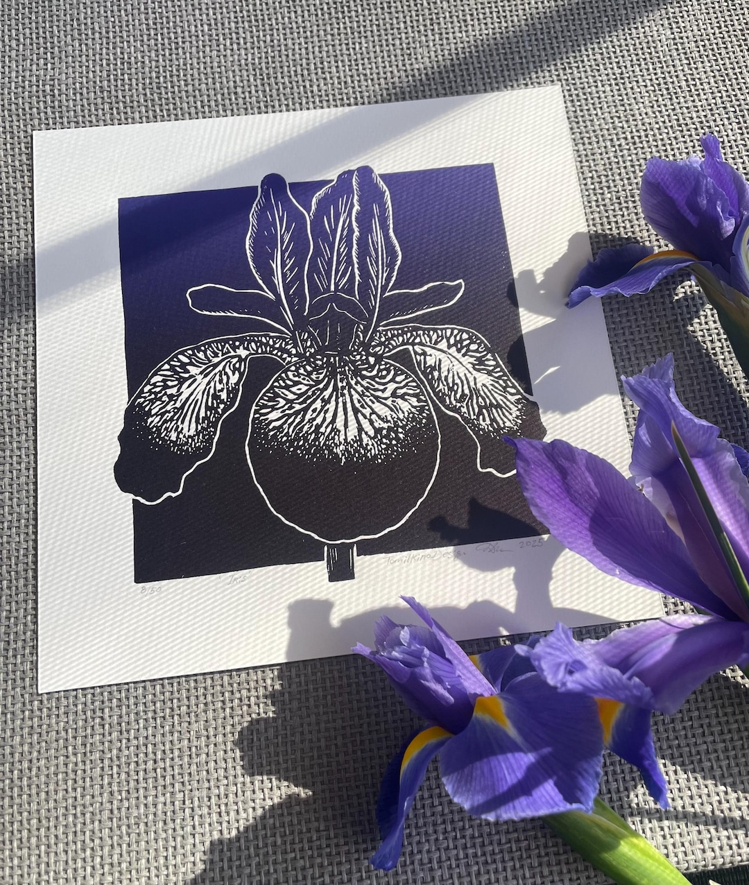 Iris Original Linocut Print - Purple Iris Flower Print - Limited ...