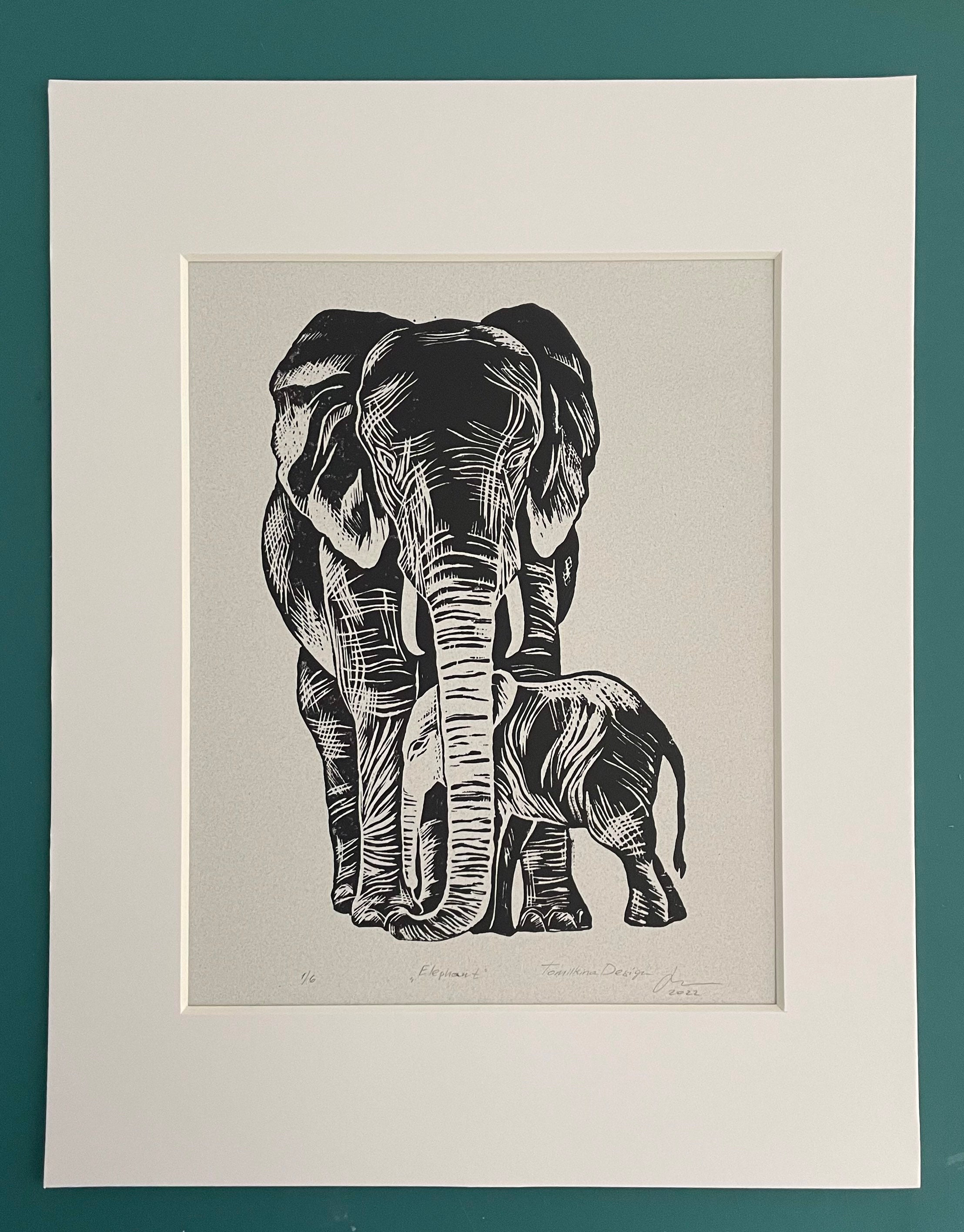Elephant Linocut Print Limited Edition Elephant Art Print - Etsy