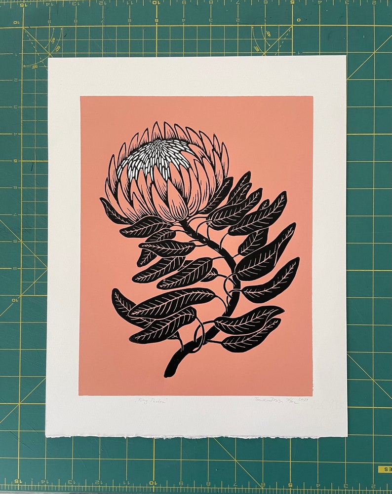 Original Two Color Linocut Protea Print - King Protea Linocut Print ...