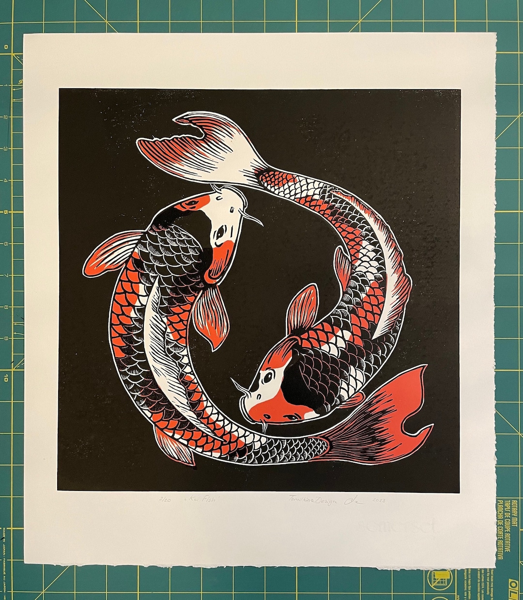 Original Linocut Koi Fish Print - Color Lino Print of Koi Fish ...