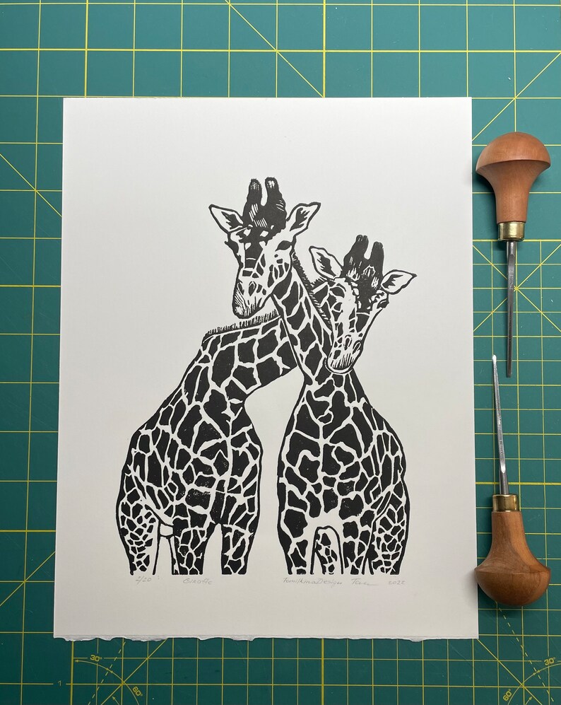 Giraffe Linocut Print: Handmade Black and White Animal Art - Etsy