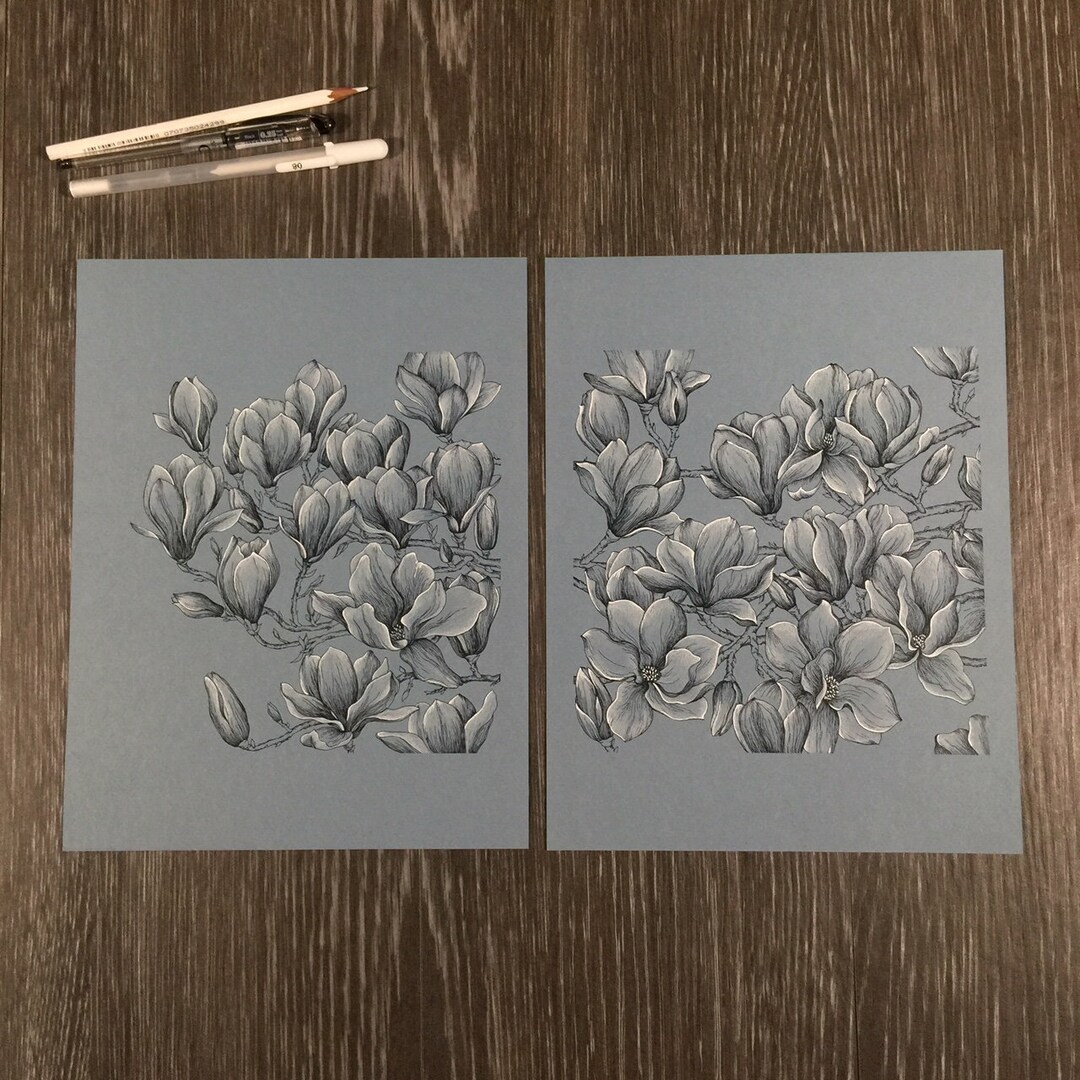 Set of 2 Magnolia Art Print - Hand Inked Embellished Magnolia Print ...
