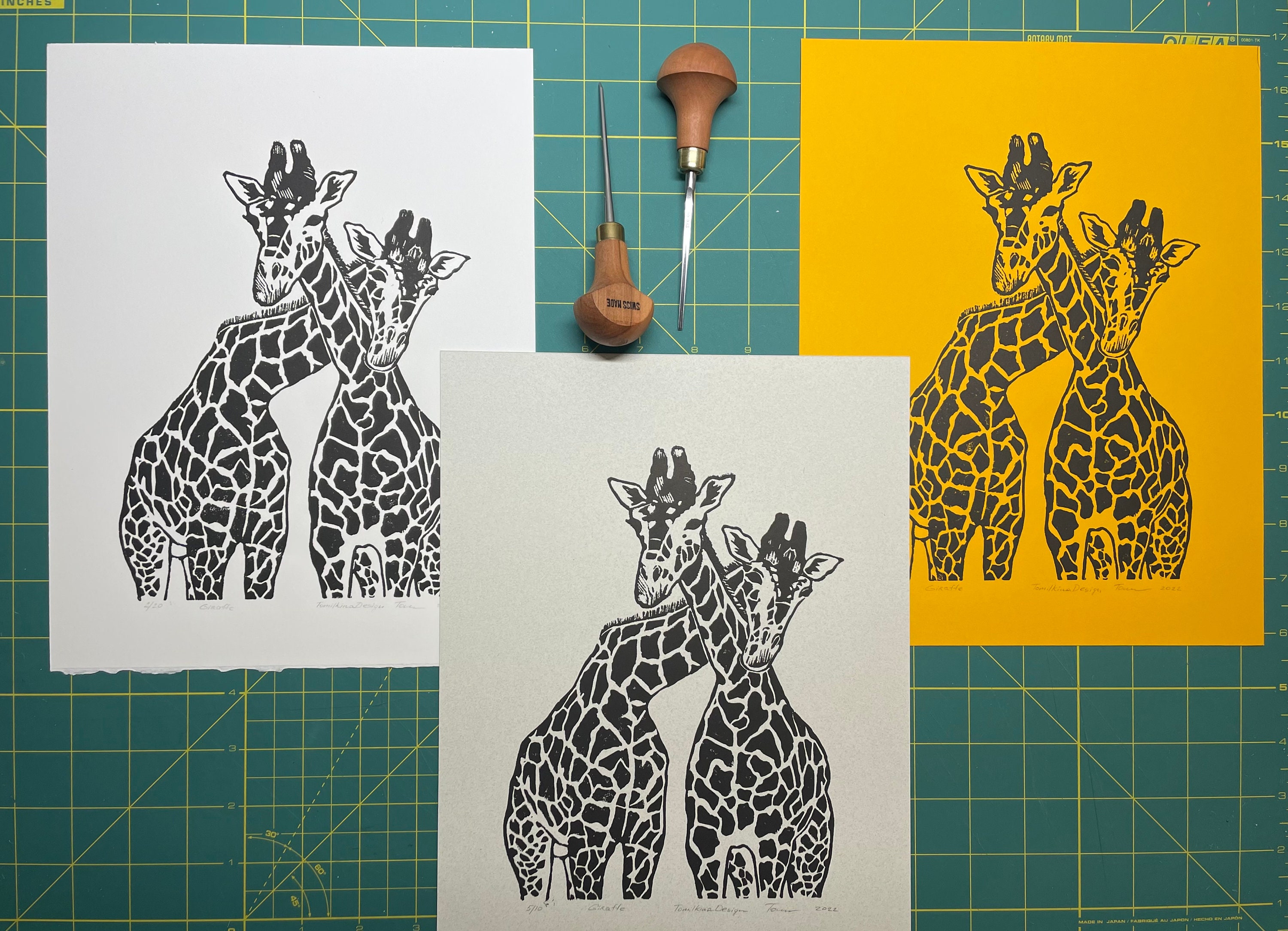 Giraffe Linocut Print: Handmade Black and White Animal Art - Etsy