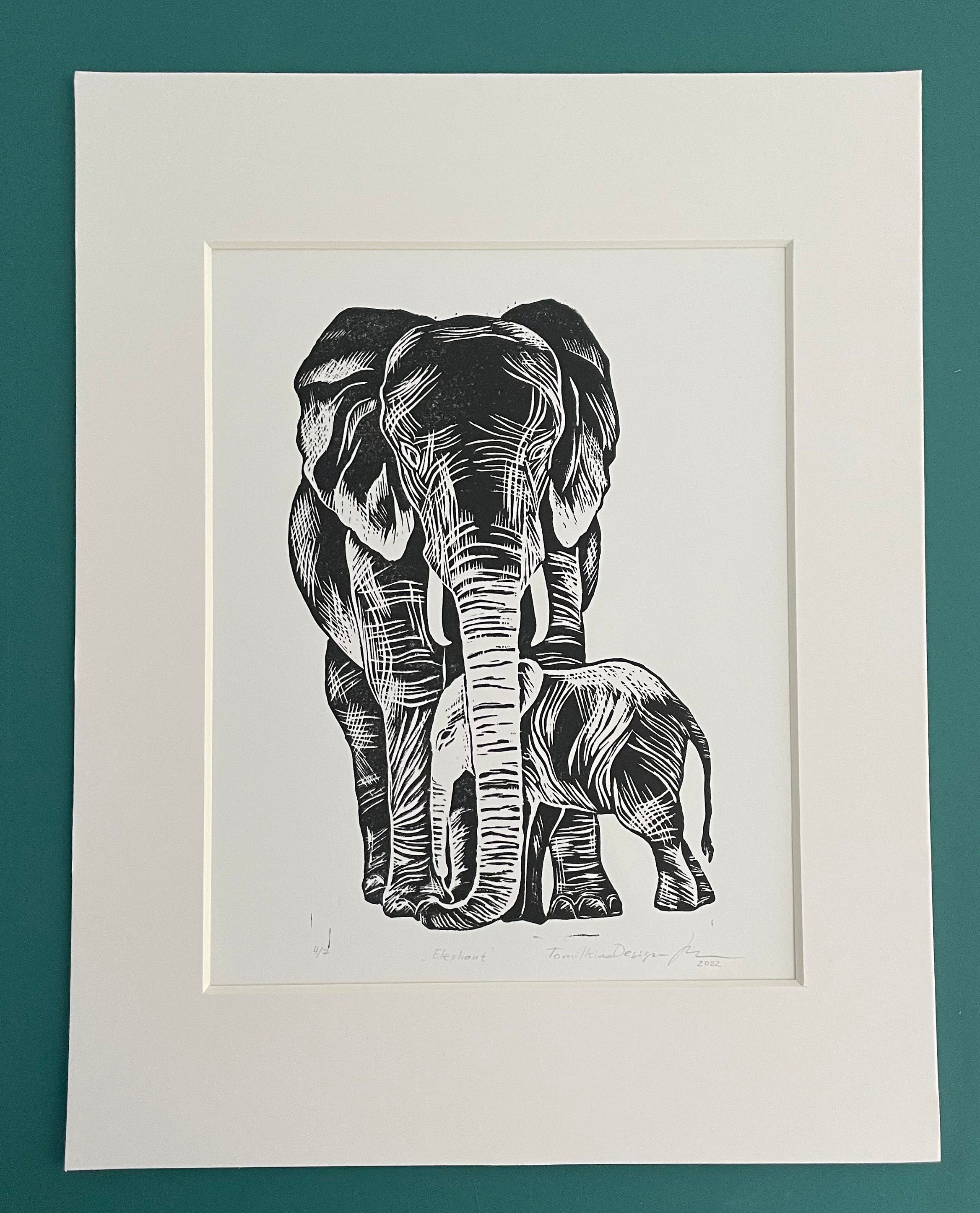 Elephant Linocut Print Limited Edition Elephant Art Print - Etsy