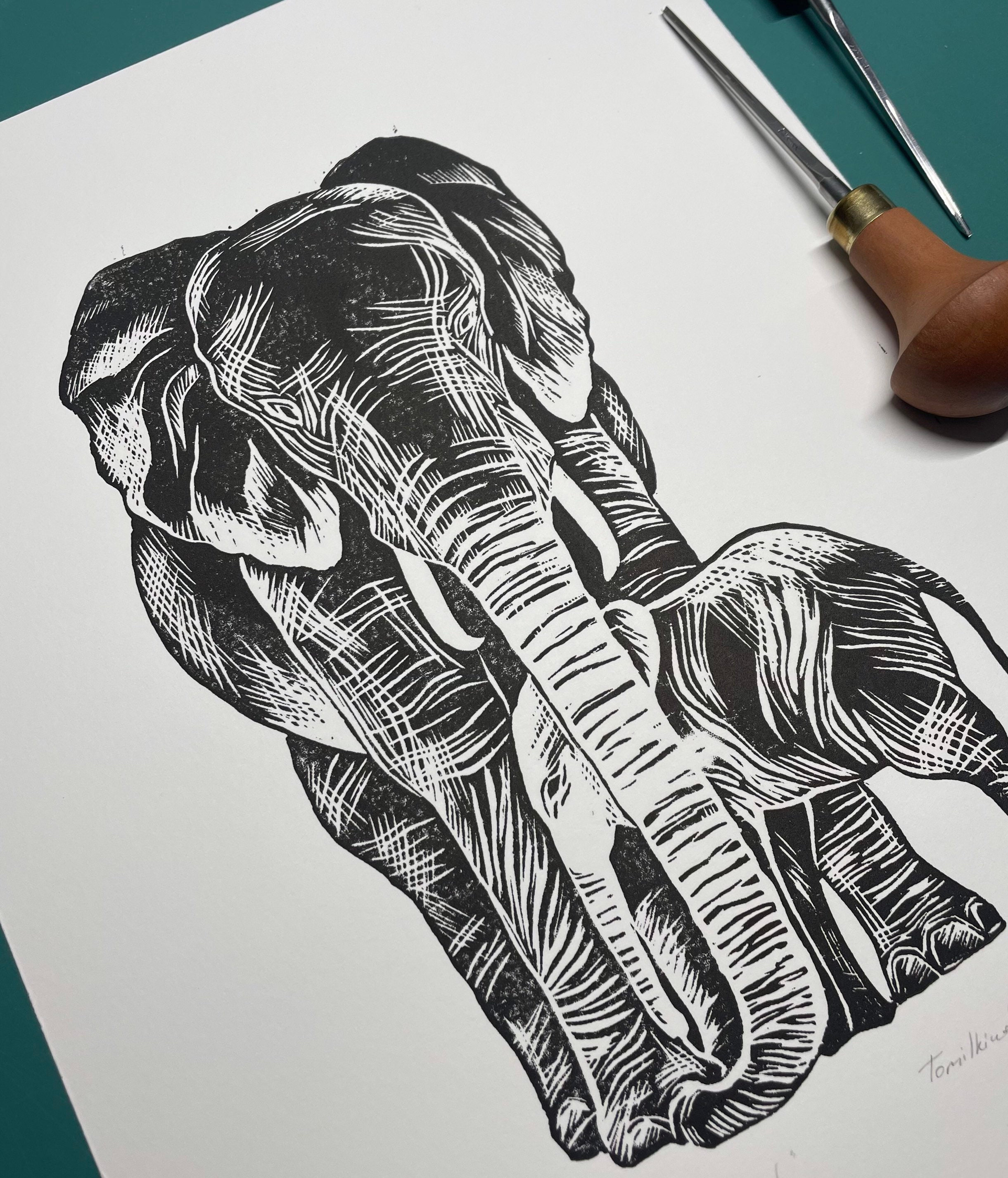 Elephant Linocut Print Limited Edition Elephant Art Print Handmade ...