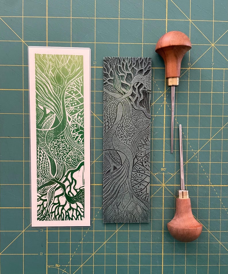 Handmade Linocut Bookmark: "trees and Roots" Original Design - Etsy