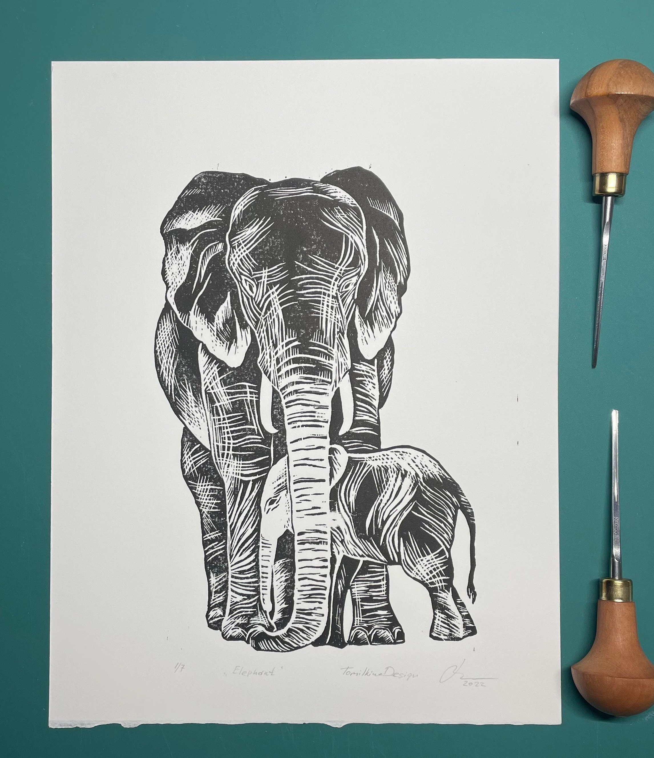 Elephant Linocut Print Limited Edition Elephant Art Print - Etsy