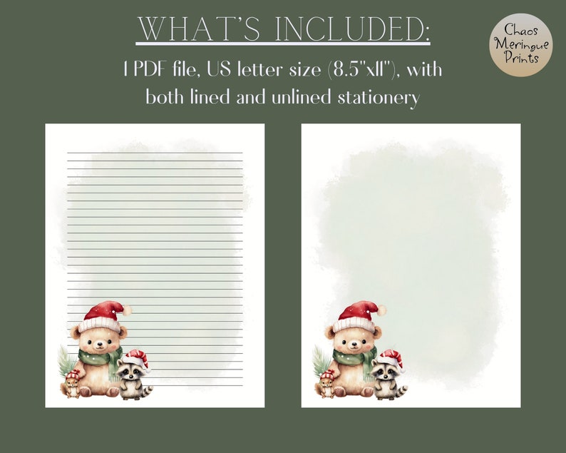 Printable Lined Unlined Holiday Stationery Instant Download Cute ...