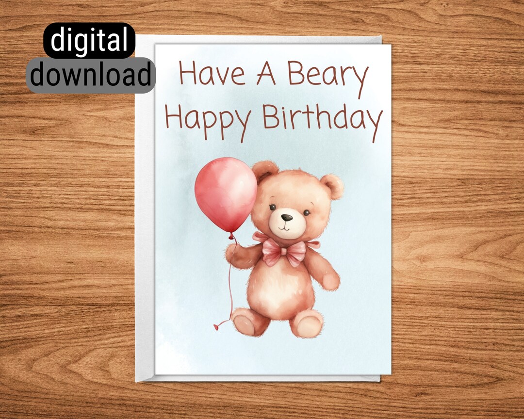 Printable Birthday Card Feature a Teddy Bear and Balloon, Downloadable ...