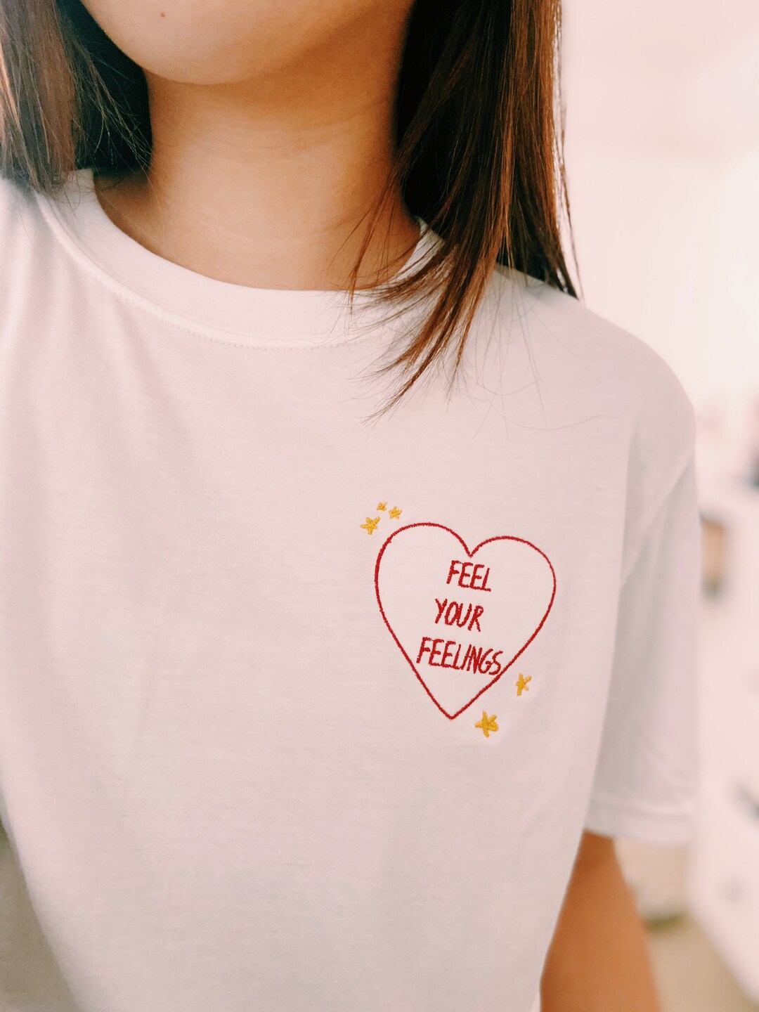 Embroidered Feel Your Feelings Tiny Stars & Heart Soft Tee, Positivity ...