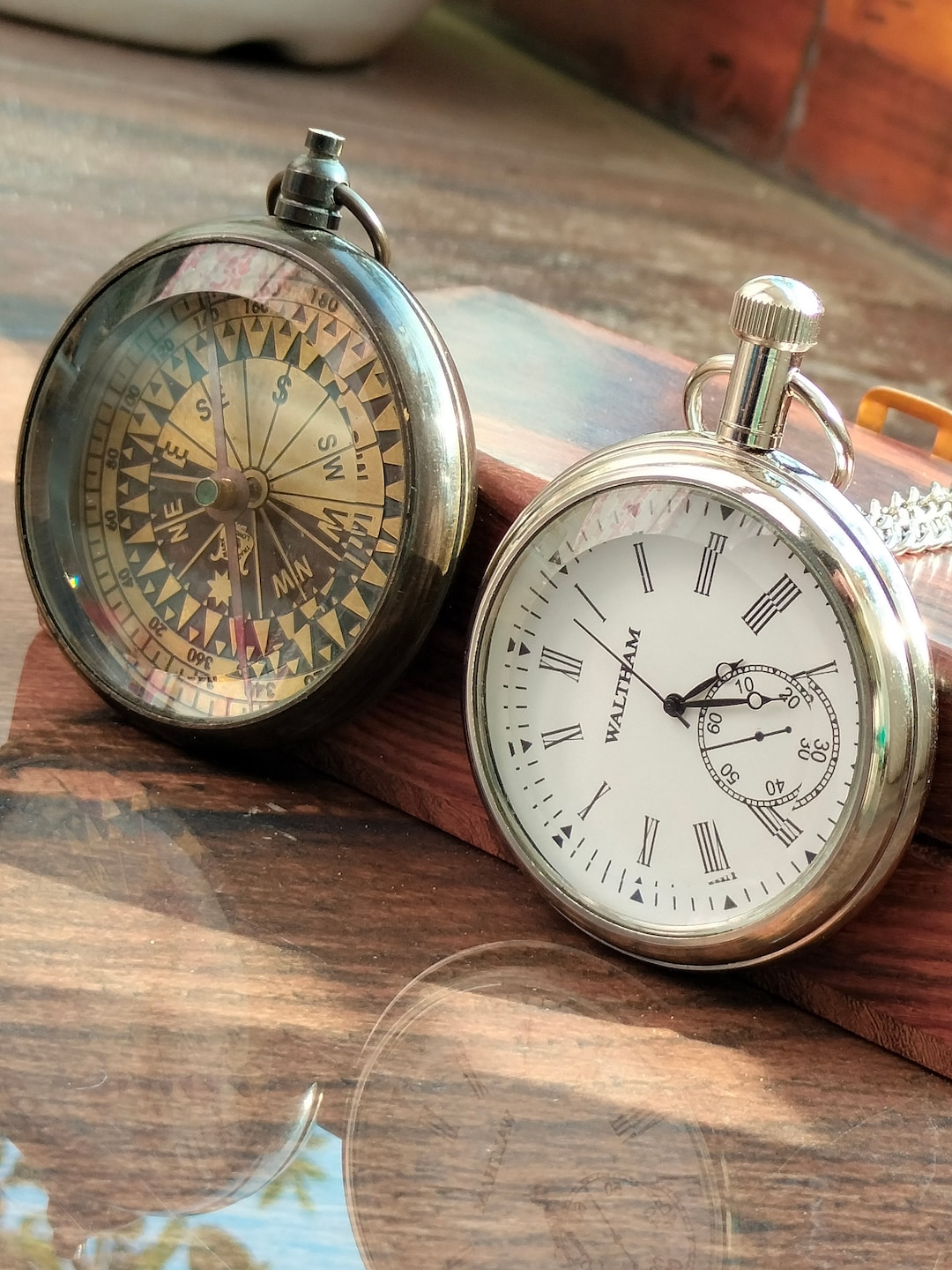 Personalized Brass Compass & Waltham Pocket Watch Set | Anniversary ...