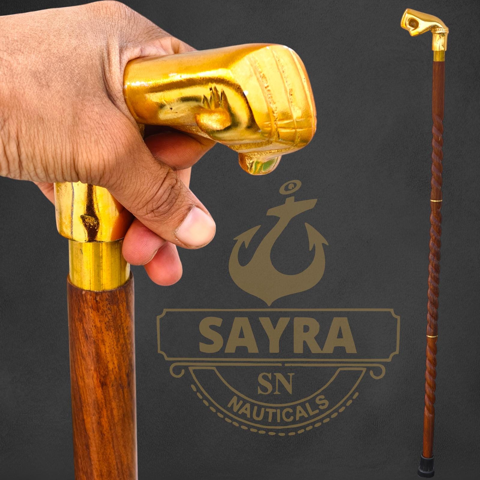 Brass Punch Staff Walking Cane: Foldable Carved Wood Stick - Etsy