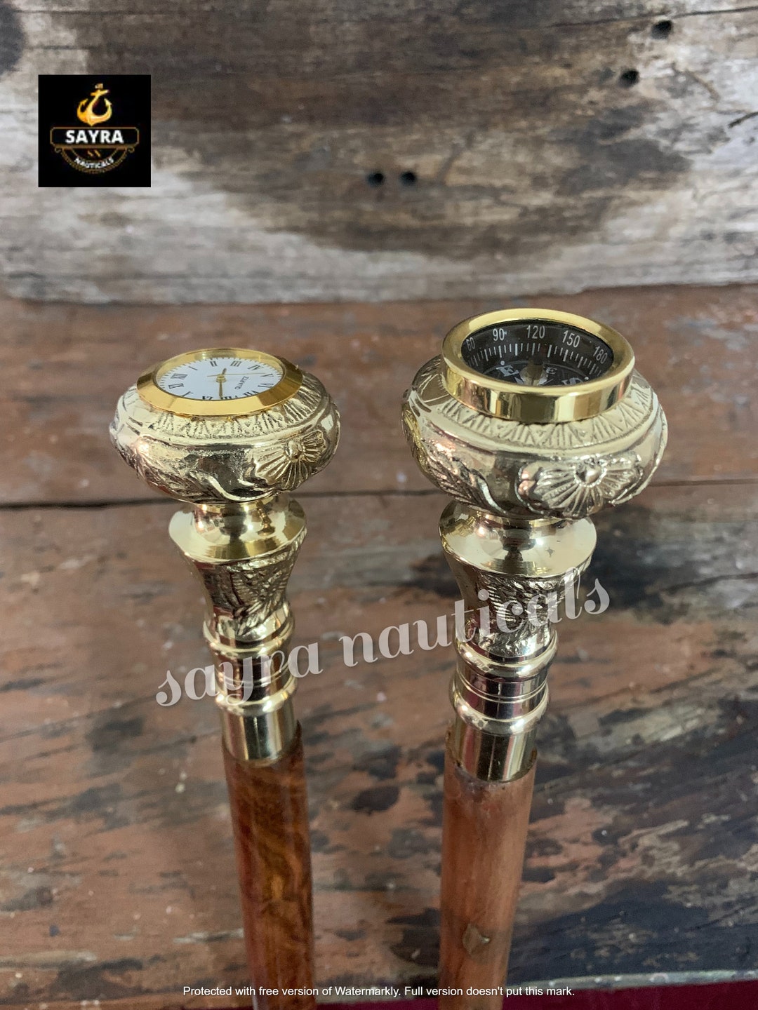 Compass Walking Stick: Brass Knob Handle, Wooden Cane - 36 Inch - Etsy