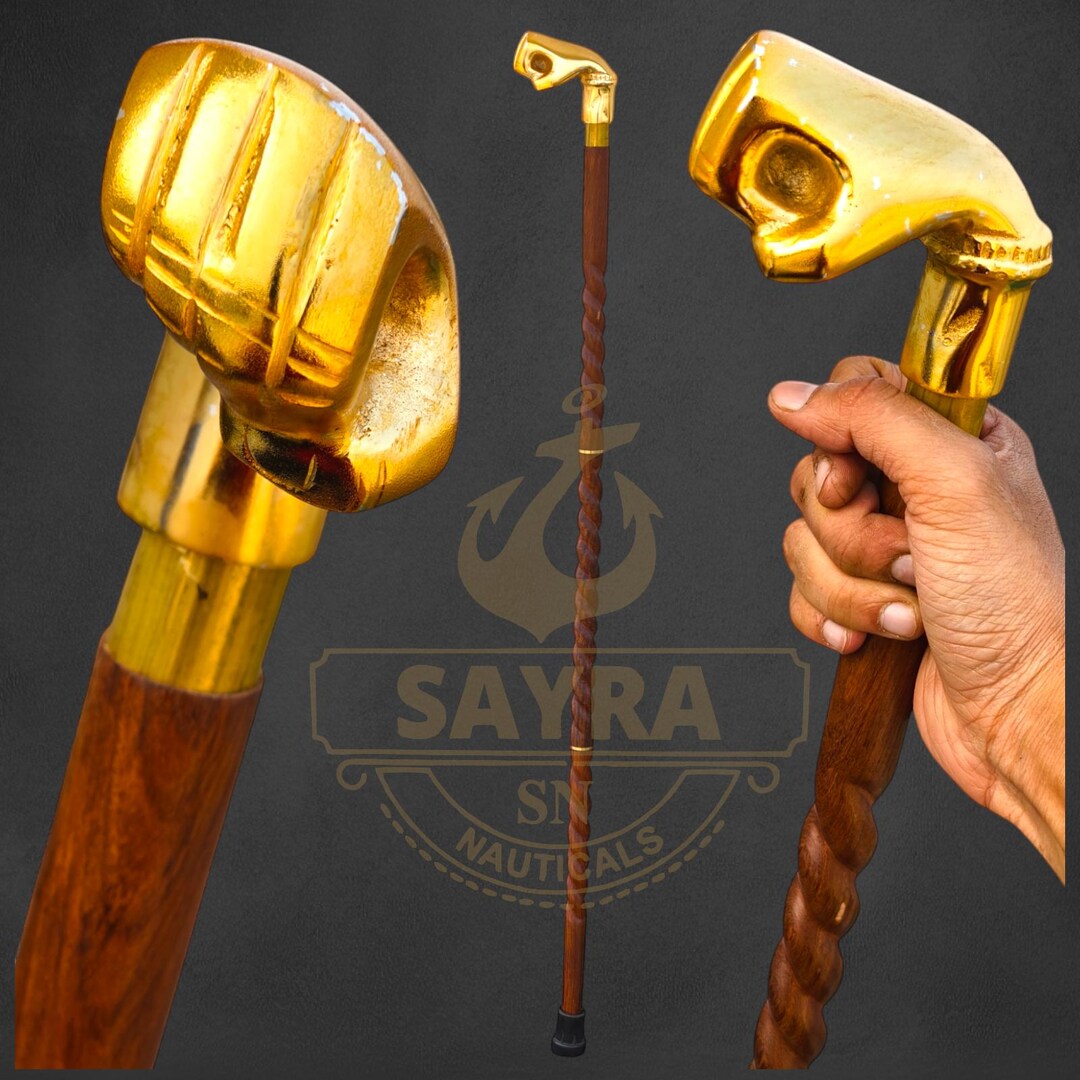 Brass Punch Staff Walking Cane: Foldable Carved Wood Stick - Etsy