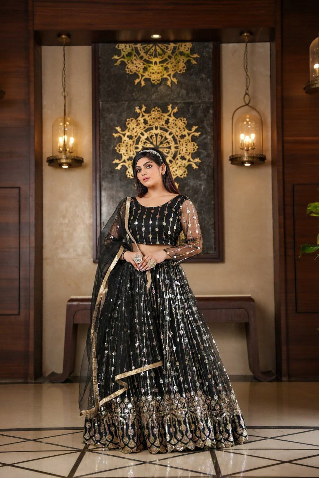 Black Net Embroidered Lehenga Choli for Women, Net Sequins Embroidered ...