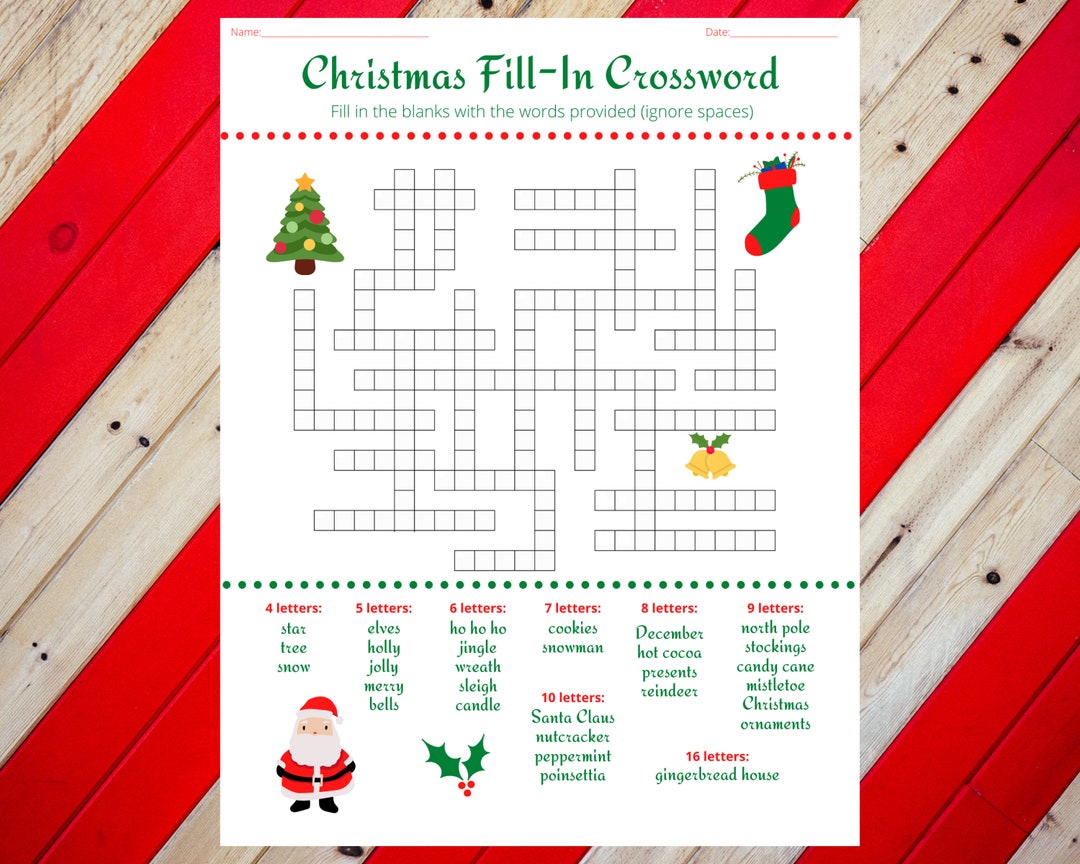 Christmas Holiday Fill in Crossword Puzzle Worksheet DIGITAL PRINTABLE ...
