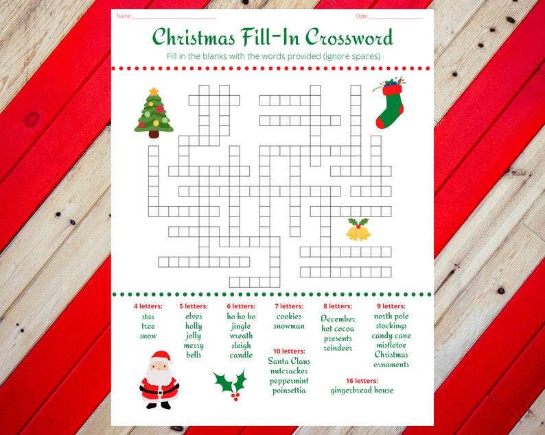 Christmas Holiday Fill in Crossword Puzzle Worksheet DIGITAL PRINTABLE ...