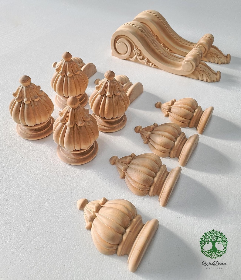 PAIR of Wood Carved Finials for Curtain Rod, Bed Post and Newel, Wood ...