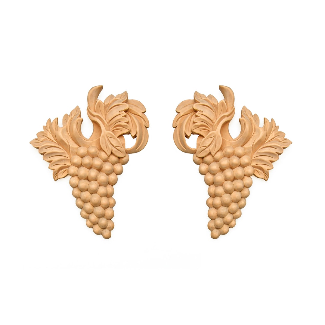Pair of Wood Carved Grape Appliques, Furniture Onlays, 4-7/8"wx6-1/8"h ...