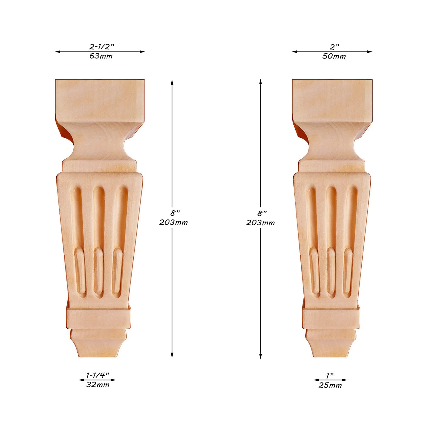 PAIR of French Style Wood Carved Fluted 8"h Cabinet Feet, Furniture ...