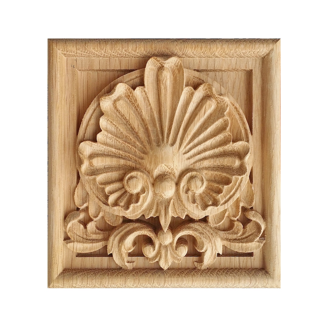 PAIR of Beautiful Shell Leaf Carved Wood Square Corner Blocks, Square ...