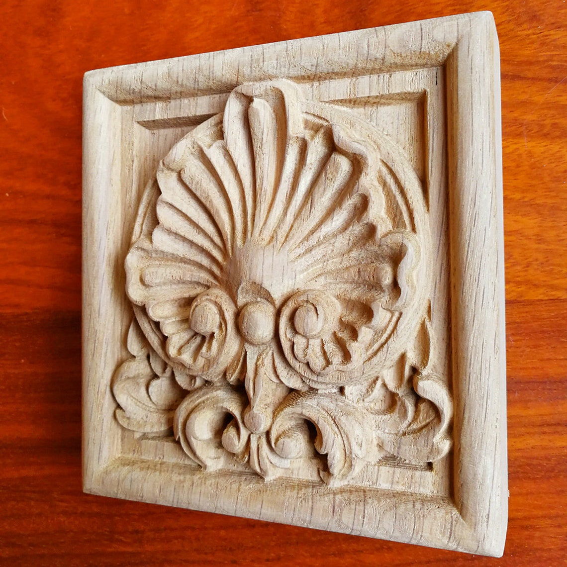 PAIR of Beautiful Shell Leaf Carved Wood Square Corner Blocks, Square ...