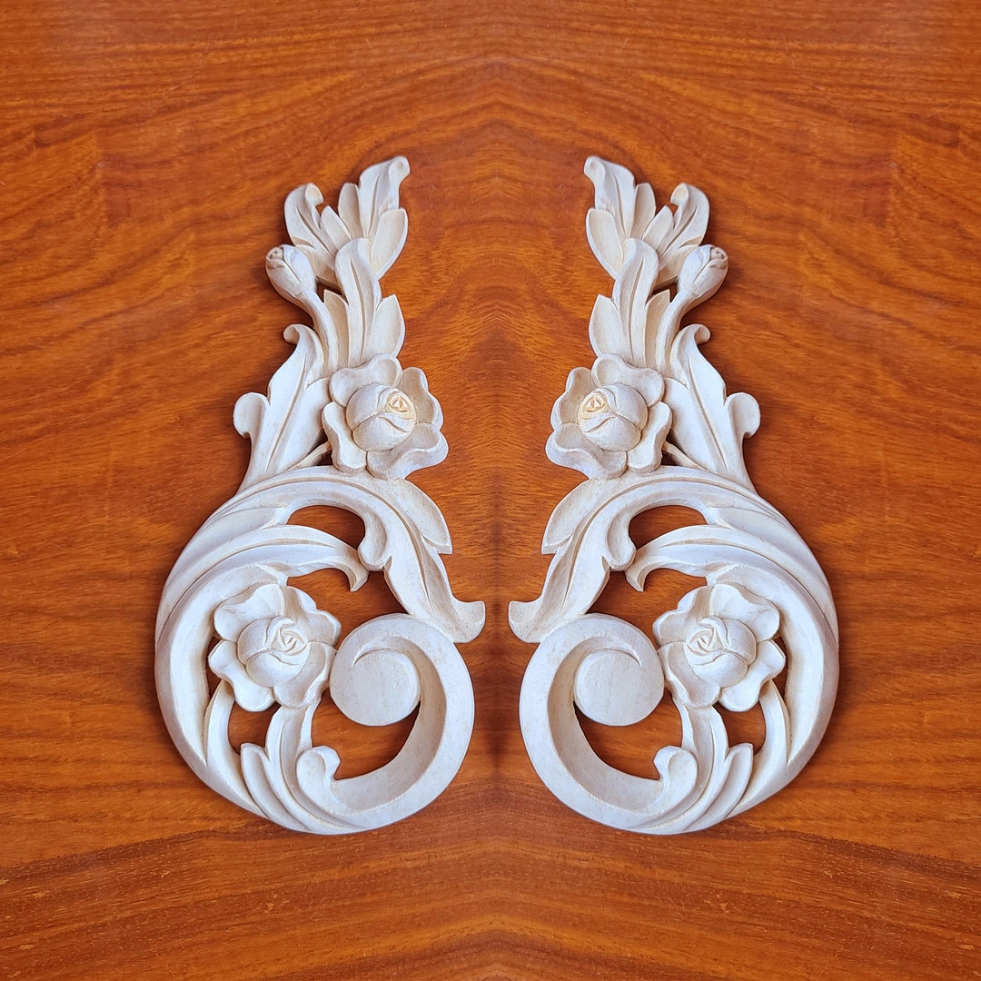 PAIR of Rose and Buds Scroll Carved Wood Appliques, Available in 3 ...