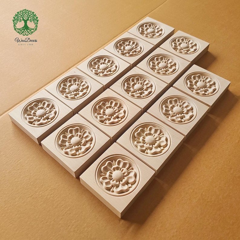 PAIR of Yorkshire Rose Carved Wood Square Corner Blocks, Square ...