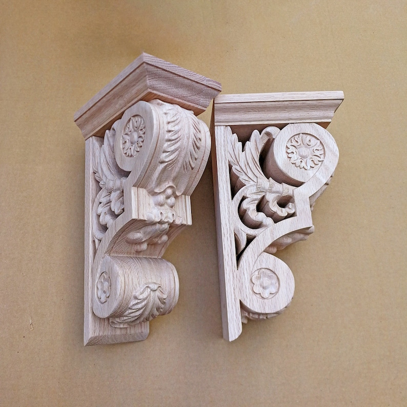 PAIR of Look-through Floral Leaf Carved Wood Corbels, Available in 9-1/ ...
