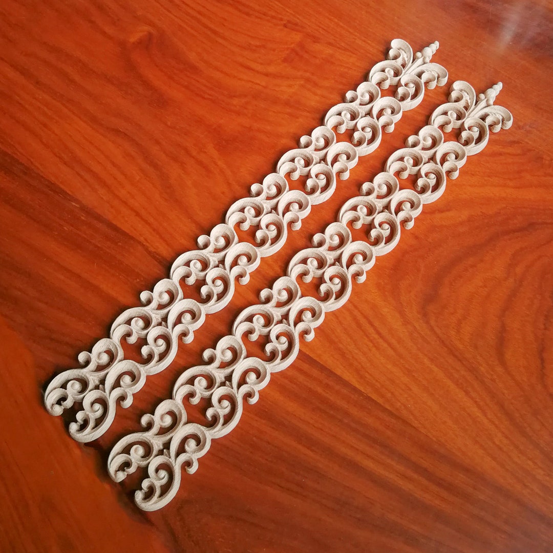 PAIR of Scroll Carved Narrow Wood Trim, Moulding Inserts, Decorative ...