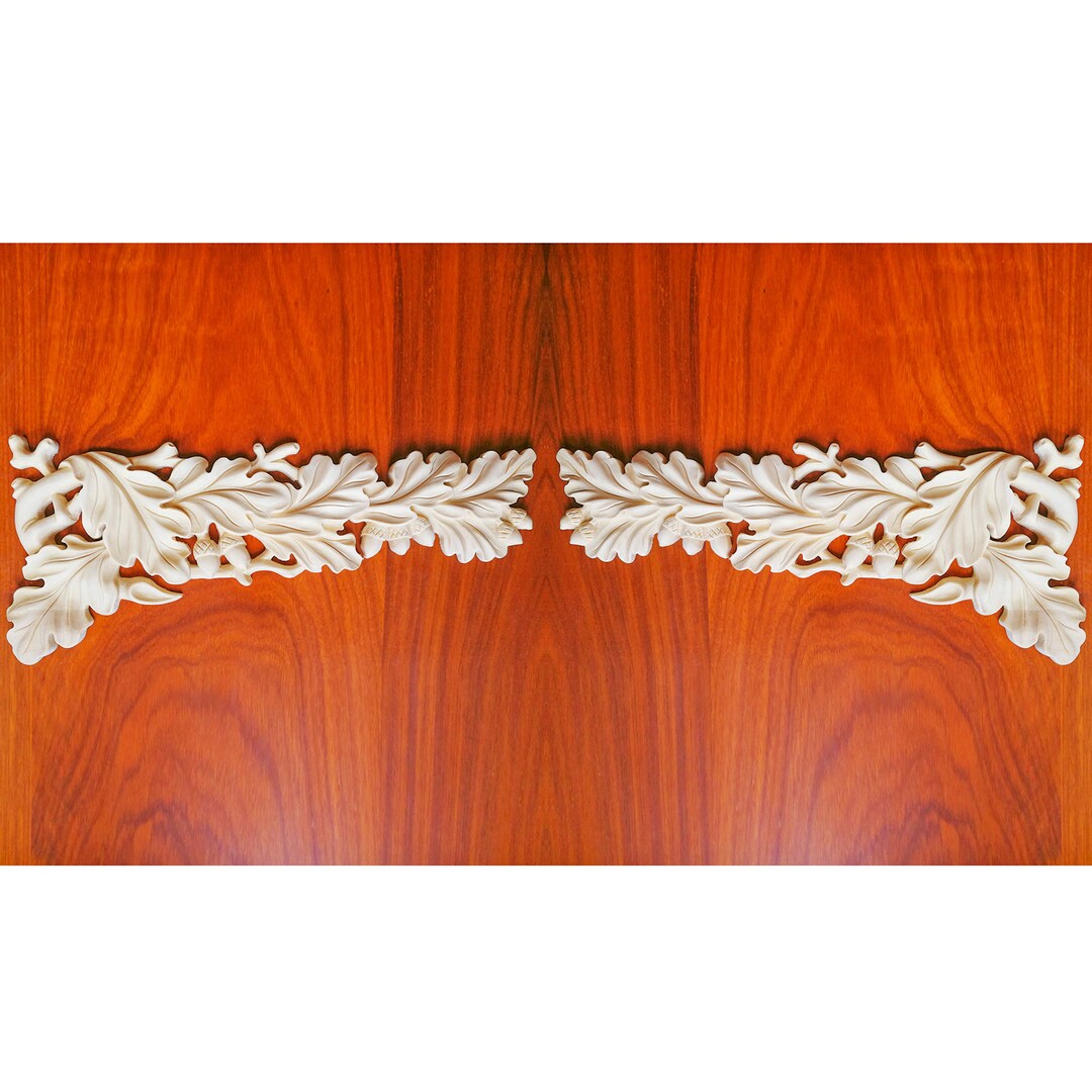 PAIR of Acorn Carved Wood Corner Appliques for Rangehood, 12-5/8"wx5-1/ ...