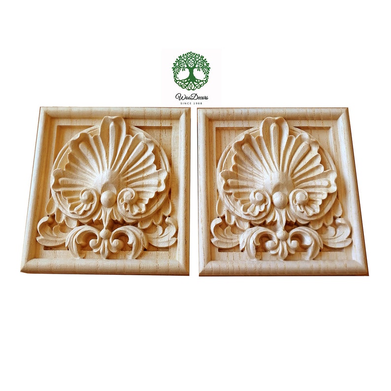 PAIR of Beautiful Shell Leaf Carved Wood Square Corner Blocks, Square ...