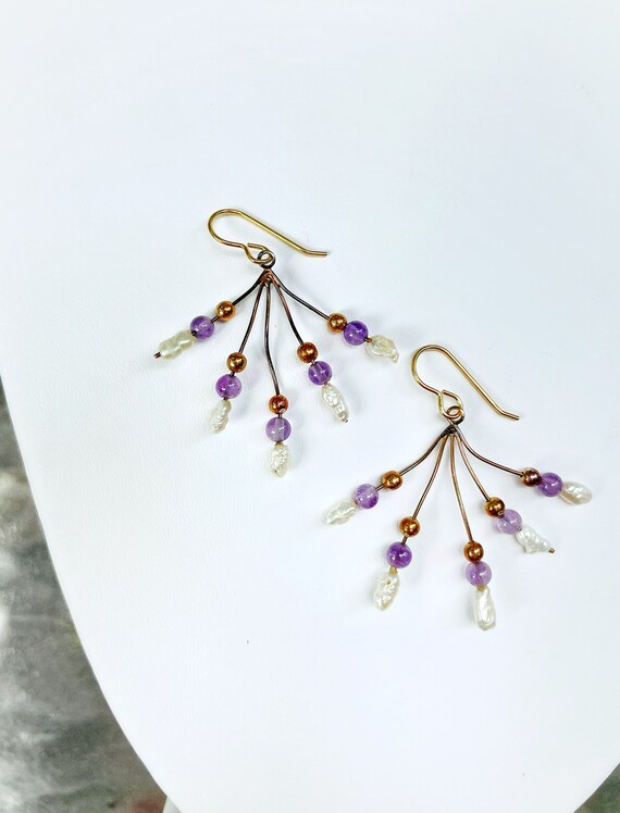 Vintage copper, freshwater pearl, and amethyst prong … - Gem