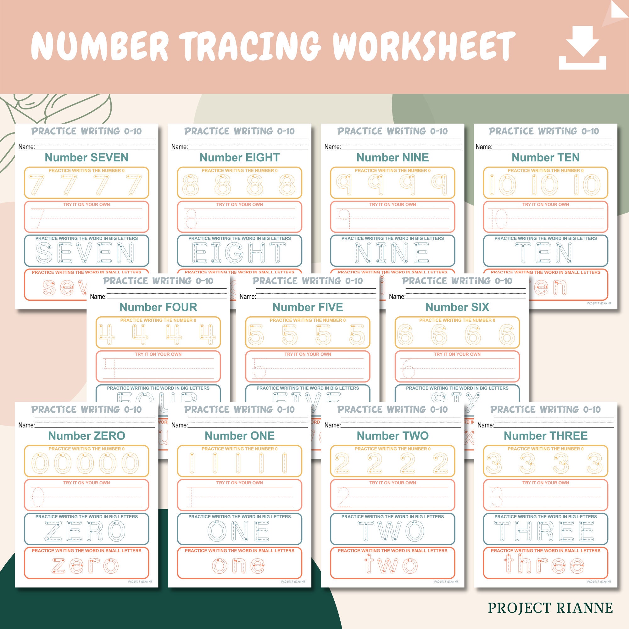 Number Tracing Practice Writing 0-10 Numbers and Words Numbers ...