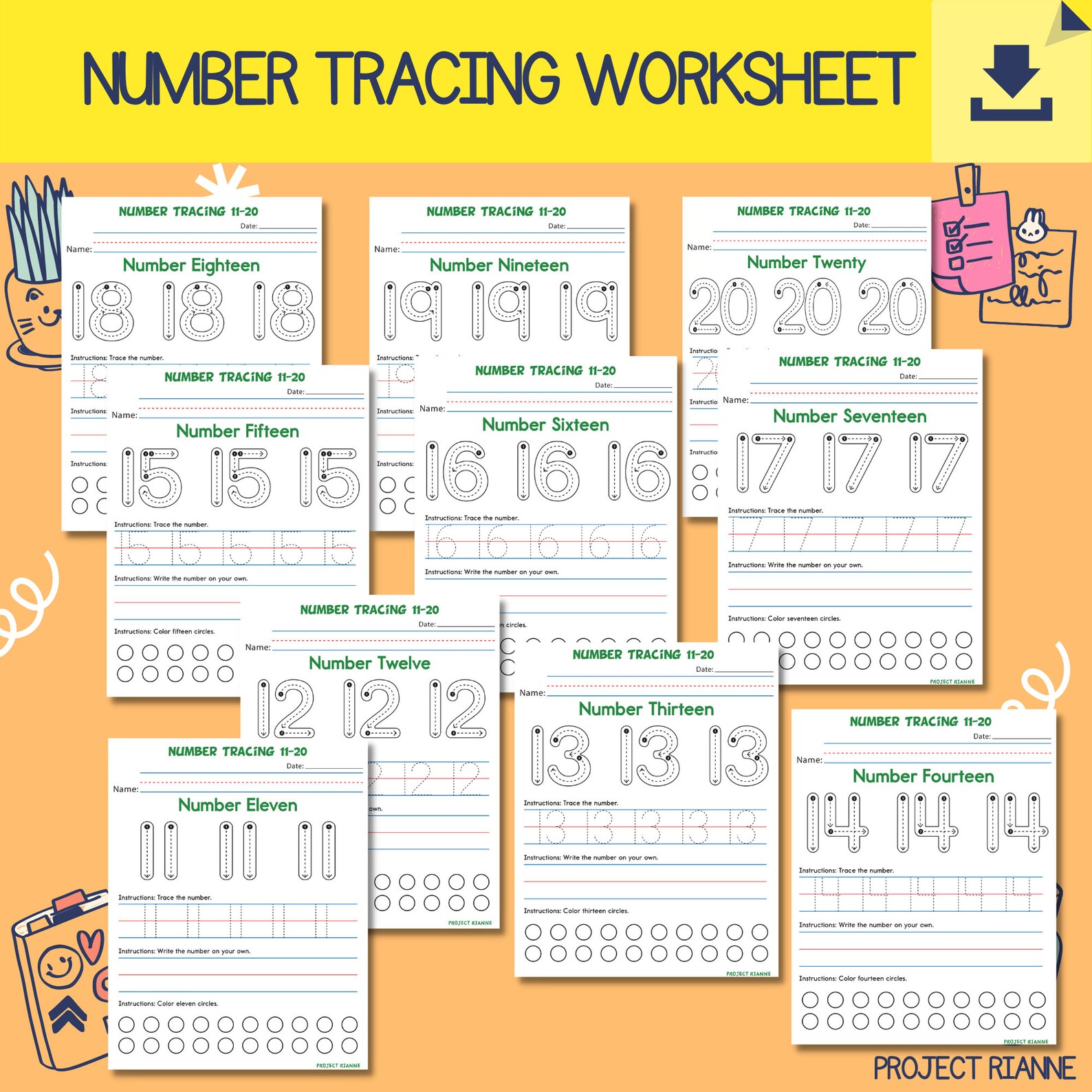 Number Tracing 11-20 | Number Tracing | Number Practice | Counting ...
