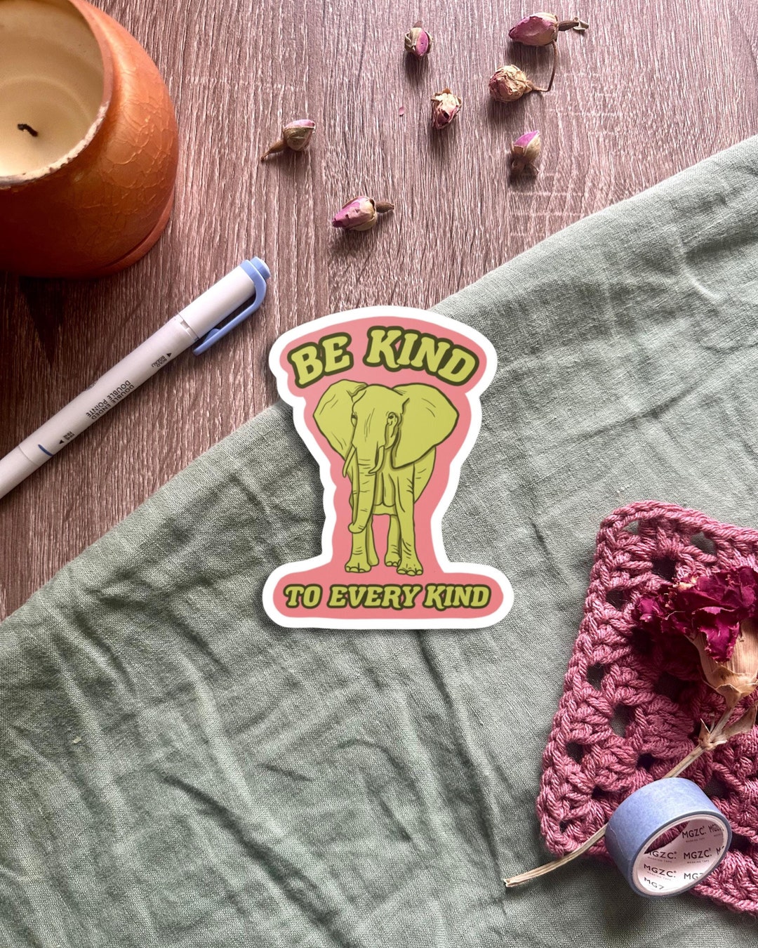 Vinyl Decal, Be Kind Sticker With Elephant, Pink and Green, Laptop ...