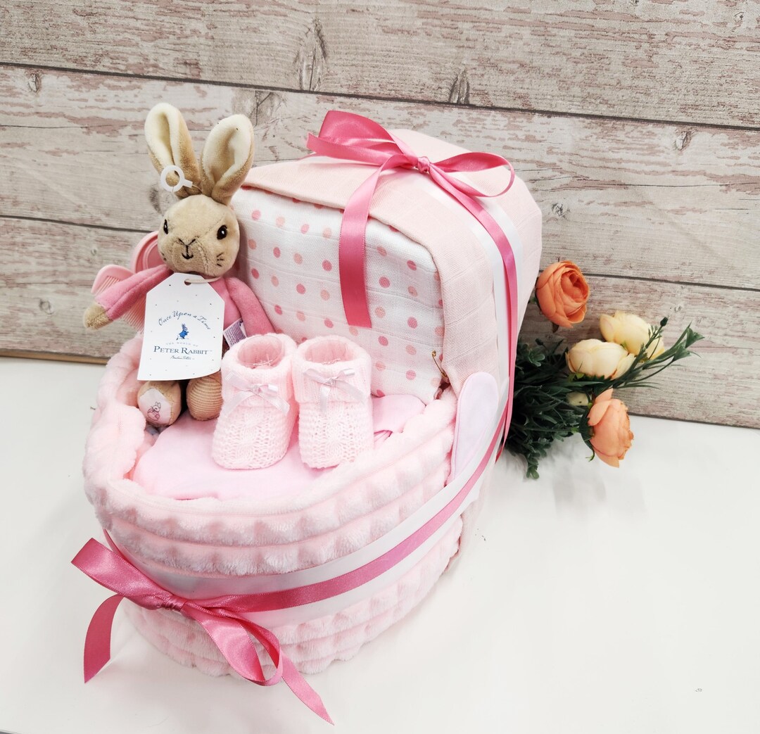 New Baby Girl Bunny Pram Nappy Cake, With Baby Bunny Rattle, Baby ...