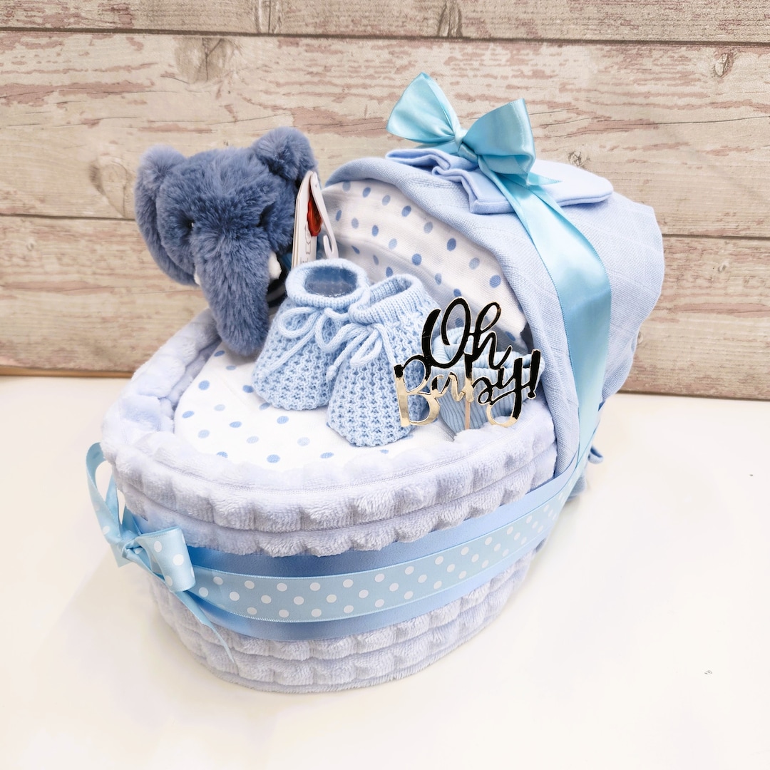 New Baby Boy Nappy Cake, Elephant Pram Nappy Cake, Baby Shower Gift ...
