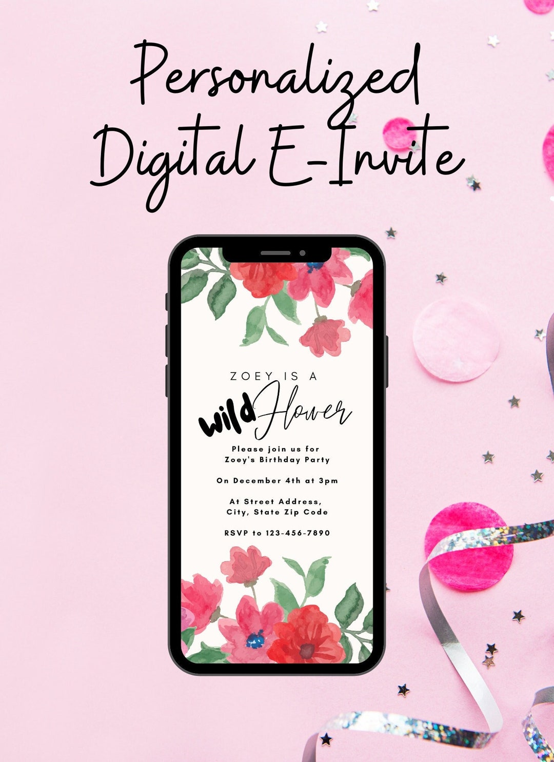 Digital Birthday E-invite | Custom Wild Flower Digital Download E ...