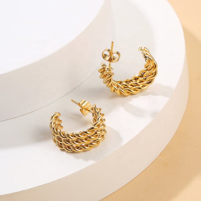 18k Gold Plated Braided Texture Hoop Earrings - Etsy