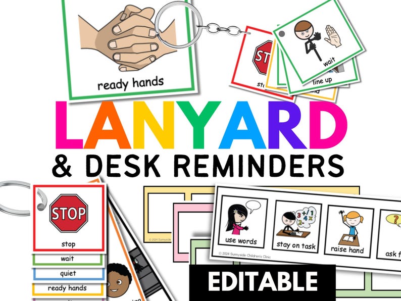 Editable Lanyard Visuals | Desk Reminders | Visual Rules Cue Cards ...