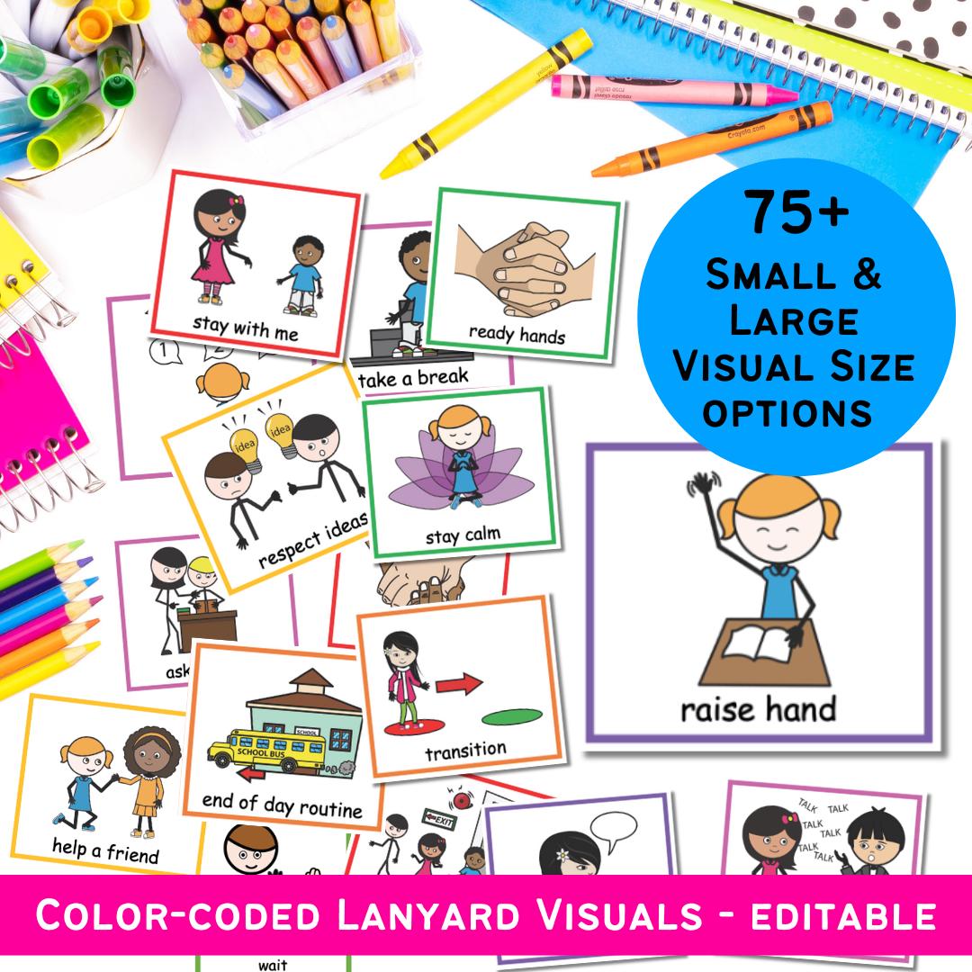 Editable Lanyard Visuals | Desk Reminders | Visual Rules Cue Cards ...
