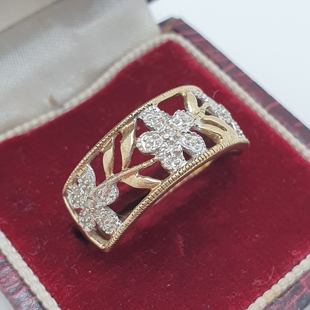 Vintage 9ct Gold Diamond Ring Flower Floral Sparkly 2.58g Solid 375 ...
